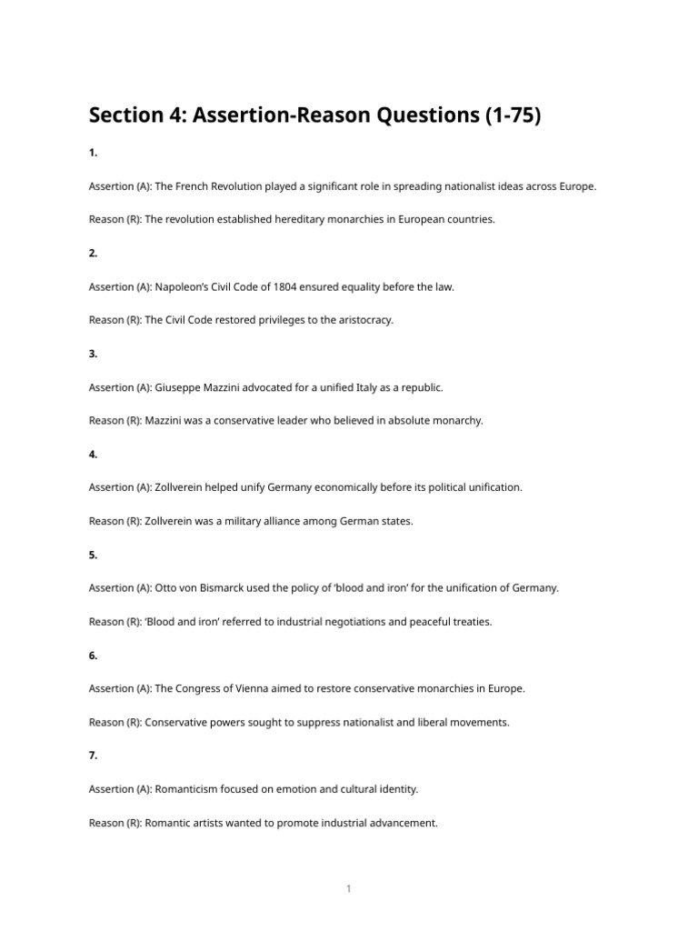 Assertion-Reason Questions on Nationalism | PDF | Nationalism | German ...