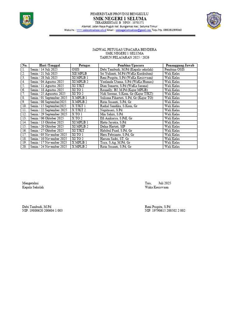 Jadwal Upacara dan Senam SMK Seluma 2025 | PDF