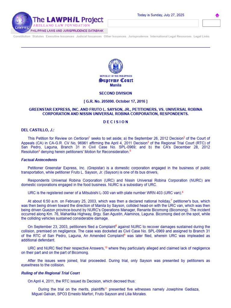 Greenstar Express, Inc. and Fruto Sayson, Jr. v. Universal Robina Corporation and Nissin | PDF ...