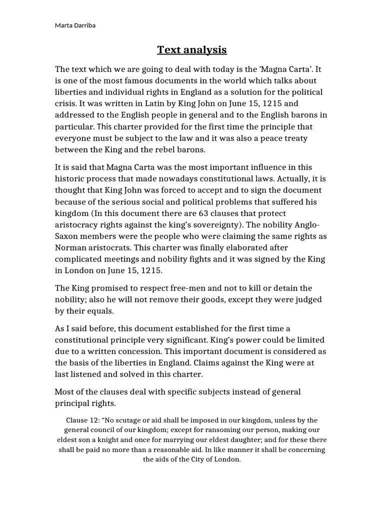 Text Analysis. Magna Carta Marta | PDF | Magna Carta | Legal Documents