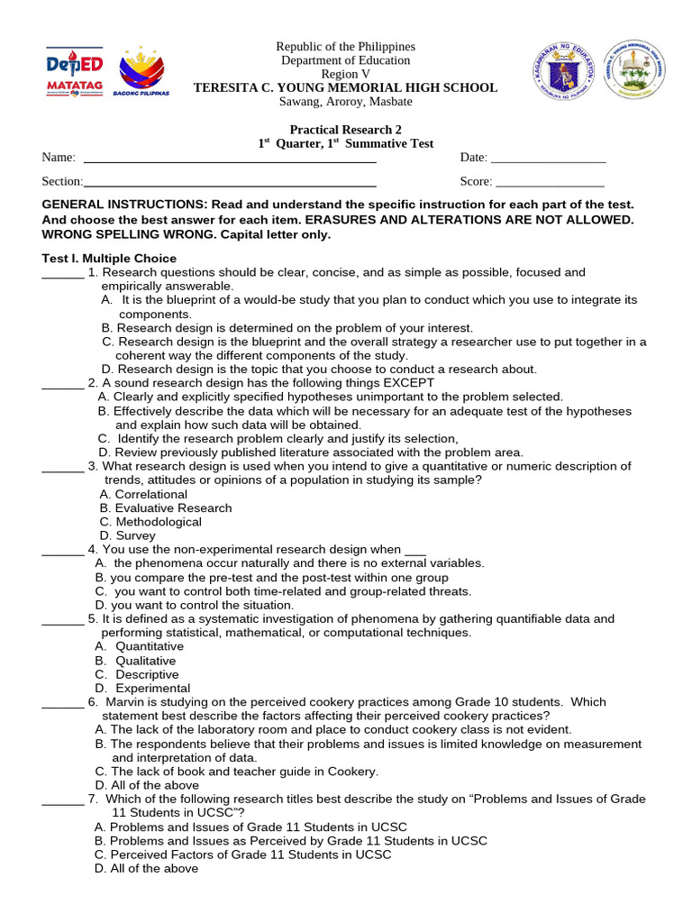 Practical Research 2 Summative Test Guide | PDF | Quantitative Research ...