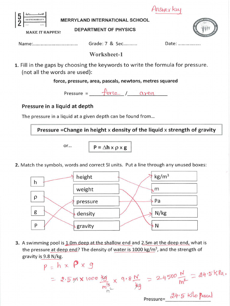 Calculating Liquid Pressure Answer Key | PDF