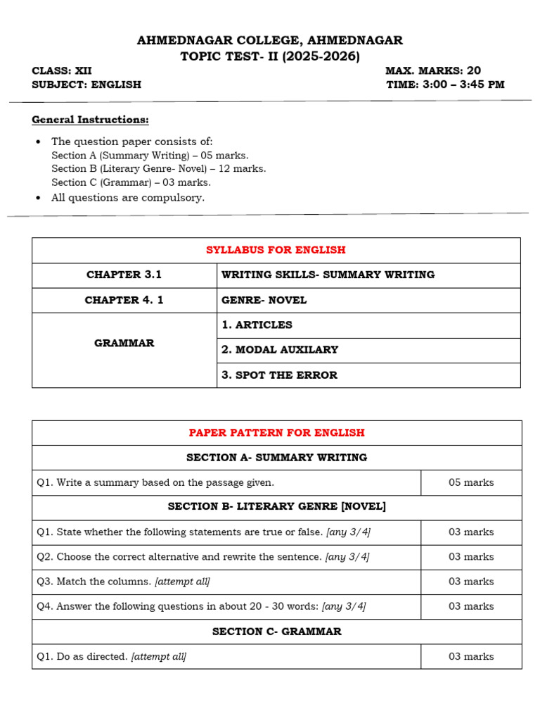 Grade Xii Topic Test-2 (Syllabus and Paper Pattern) | PDF