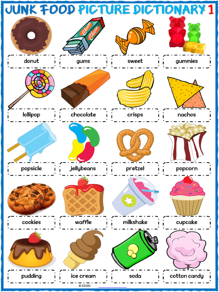 Junk Food Vocabulary Esl Picture Dictionary Worksheets For Kids | PDF