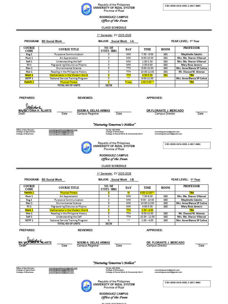 Schedule 1st Sem 2025 2026 | PDF