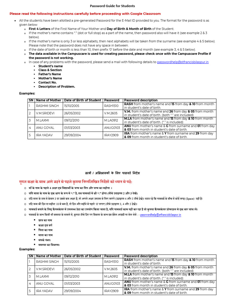 Class I To XII - Password Format | PDF