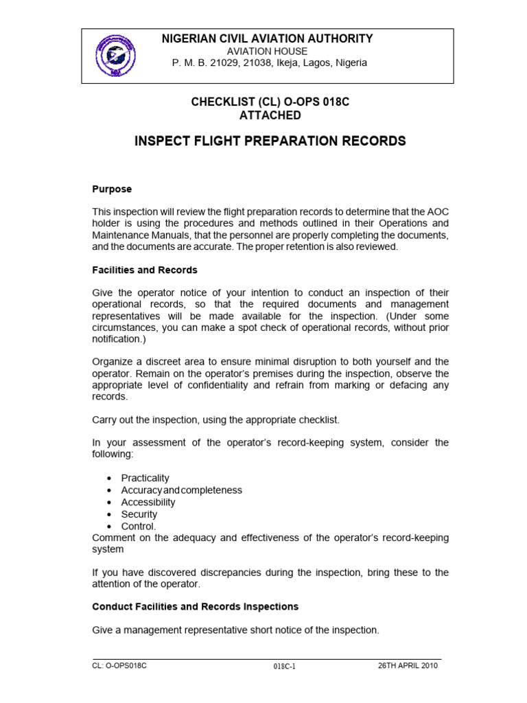 Flight Preparation Records Inspection Checklist | PDF | Aircraft ...