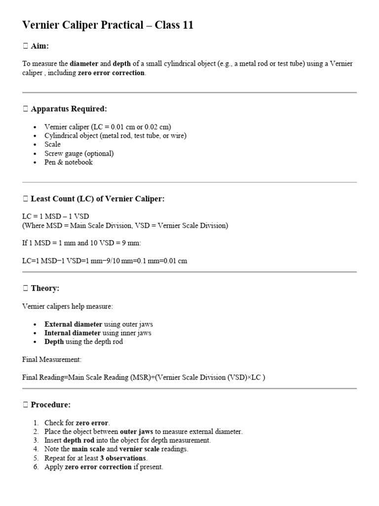 Vernier Caliper Experiment Guide | PDF