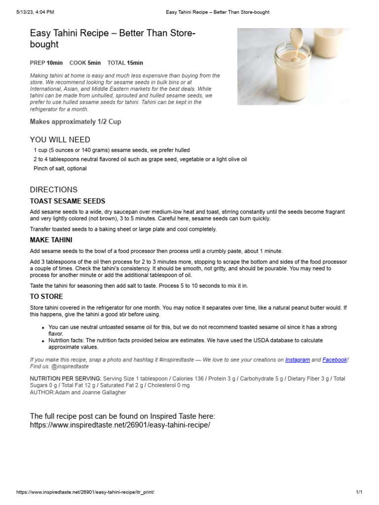 Homemade Tahini Recipe in 15 Minutes | PDF | Sesame | Nutrition Facts Label
