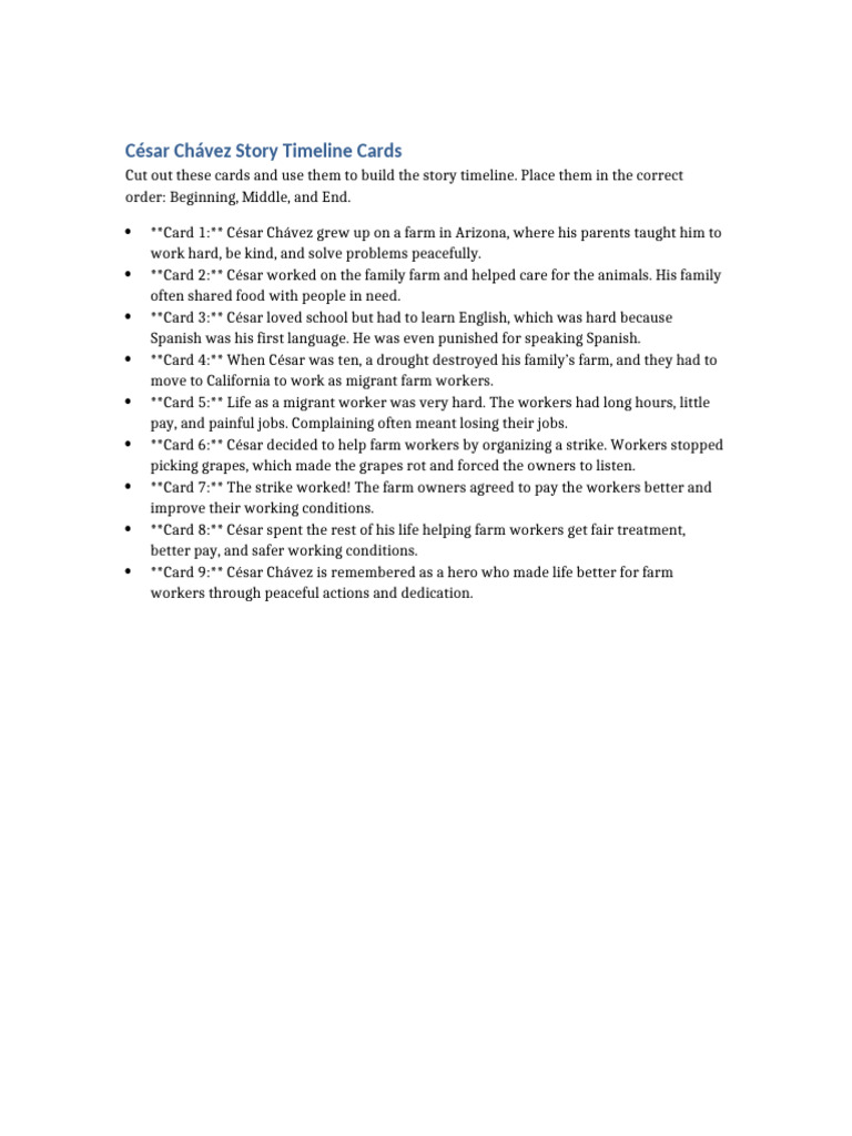 Cesar Chavez Story Timeline Cards | PDF