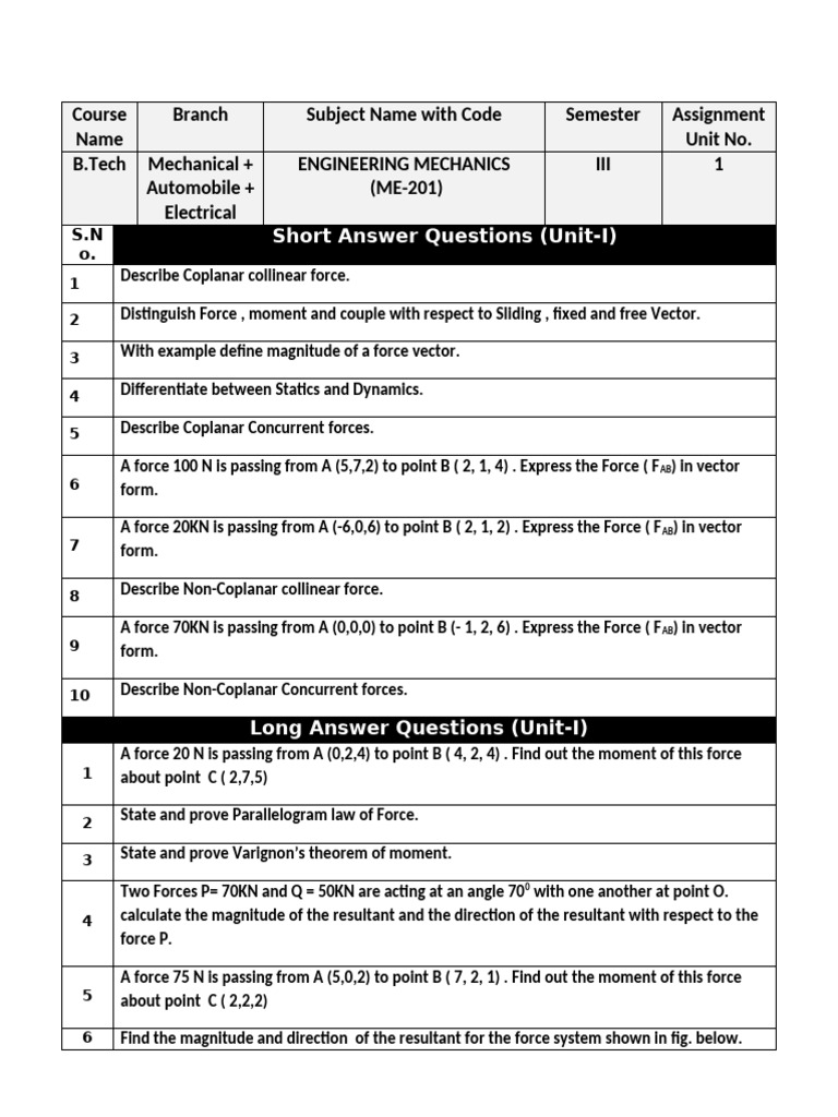 Engg Mechanics Me201 Assignment Unit-I | PDF | Force | Euclidean Vector