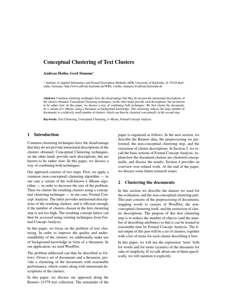 Conceptual Clustering Of Text Clusters Pdf Cluster Analysis Mathematical Concepts