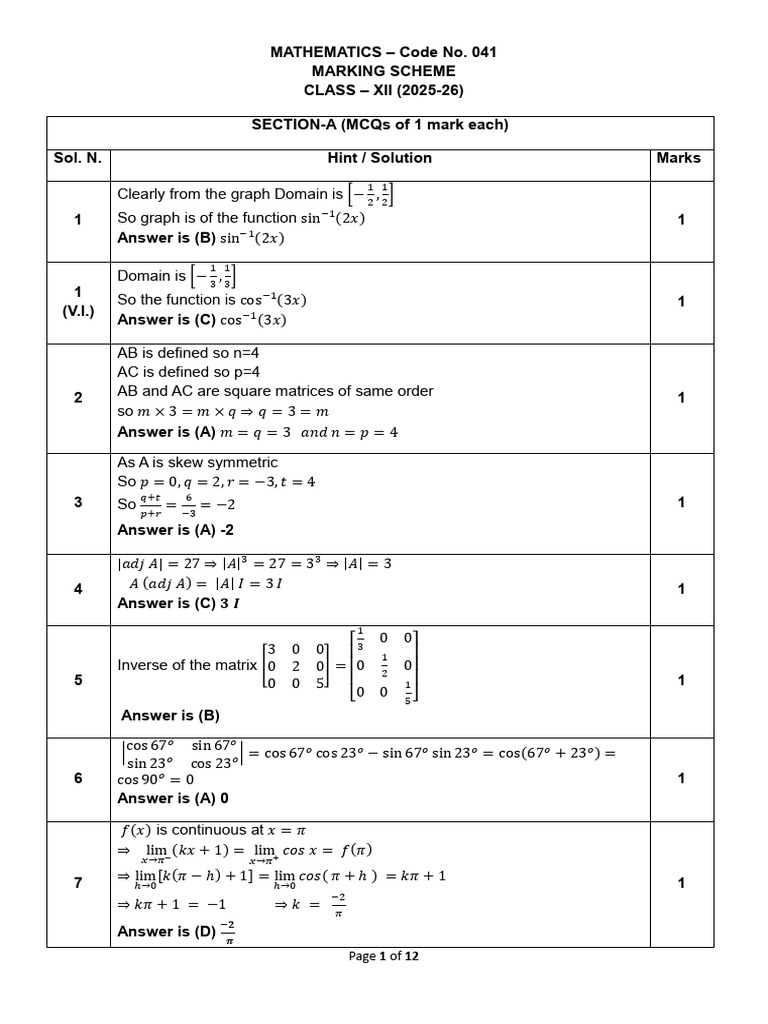 Class 12 Maths Marking Scheme 2025-26 | PDF | Mathematics | Algebra