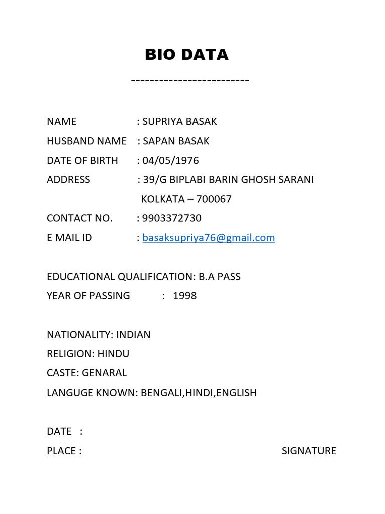 Supriya Basak Bio Data Summary | PDF