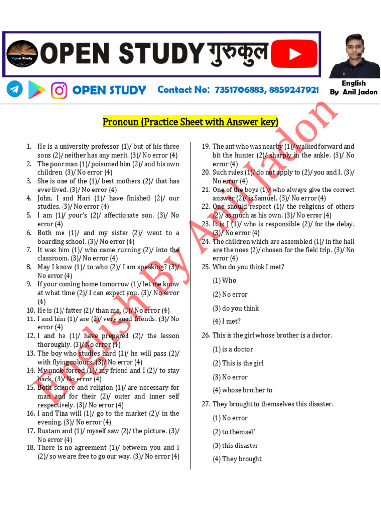 Pronoun 400+ Questions Printable Practice Sheet | PDF