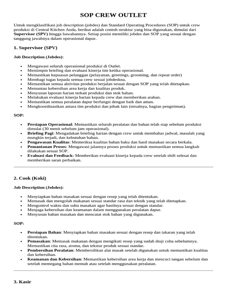 SOP Crew Outlet dan Job Descriptions | PDF