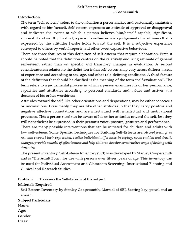 Self-esteem Inventory Written | PDF | Self Esteem | Attitude (Psychology)