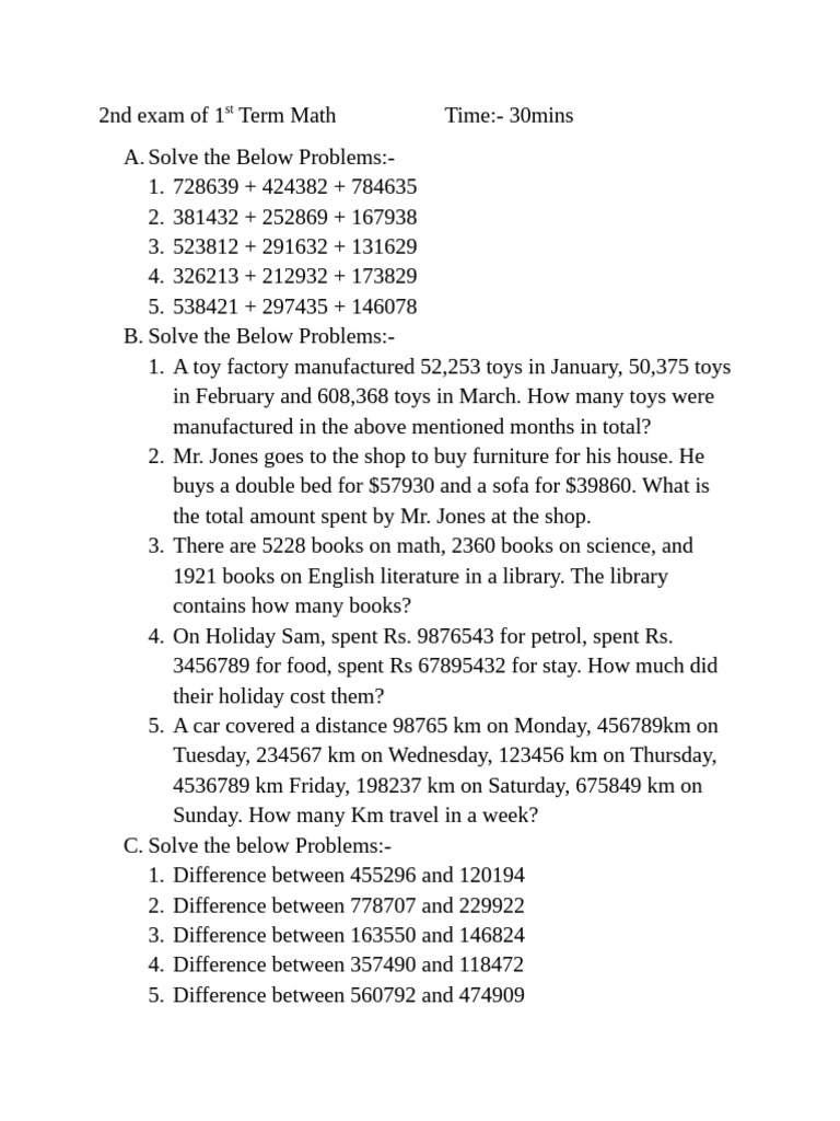 1st Term Math Exam Problems | PDF
