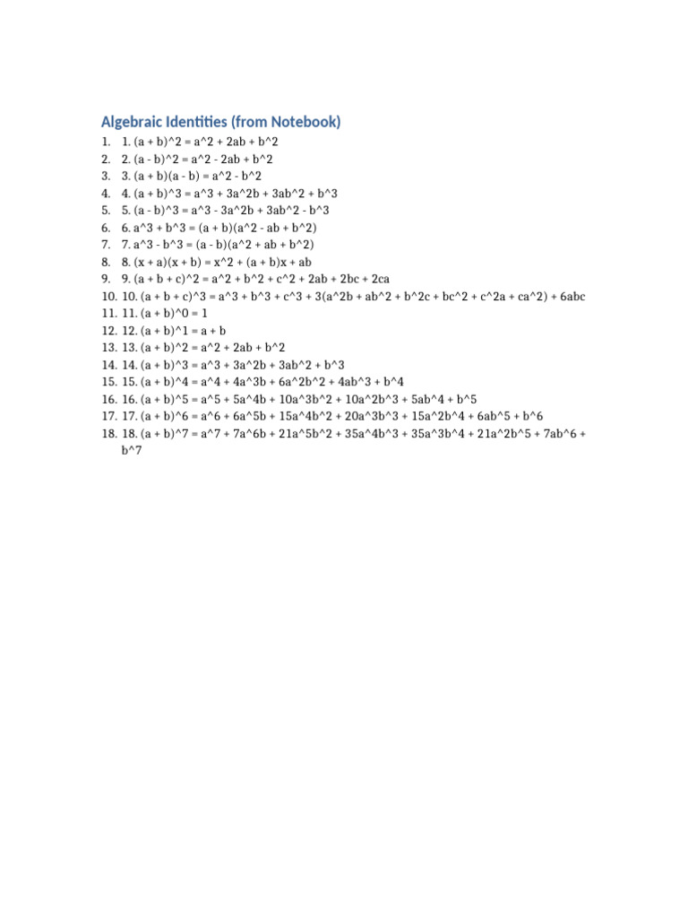 Full Algebraic Identities | PDF