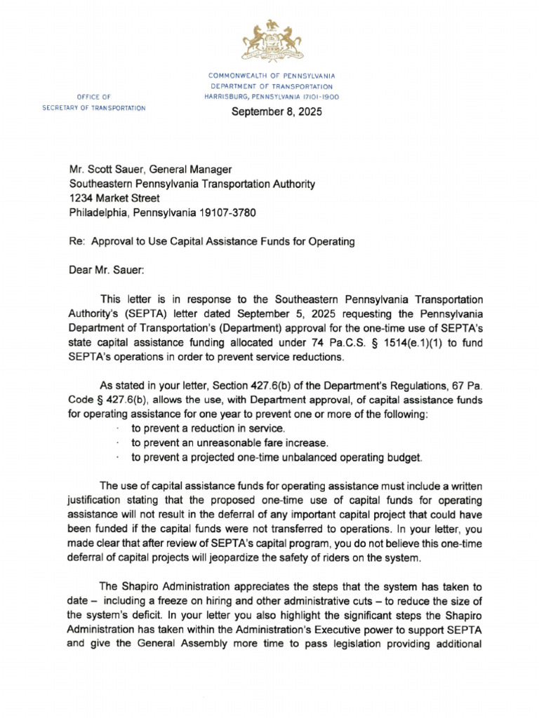 PennDOT Approves SEPTA's Plan To Use Capital Money To Fund Operations | PDF
