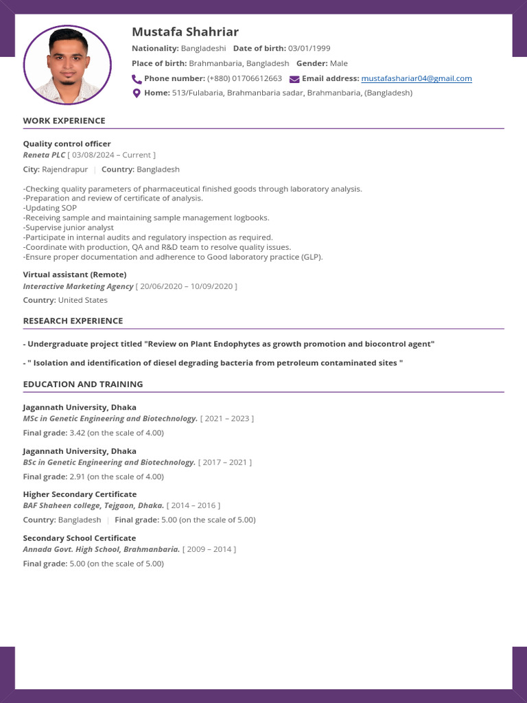 Mustafa Shahriar (CV), 2025 | PDF | Polymerase Chain Reaction | Genetics
