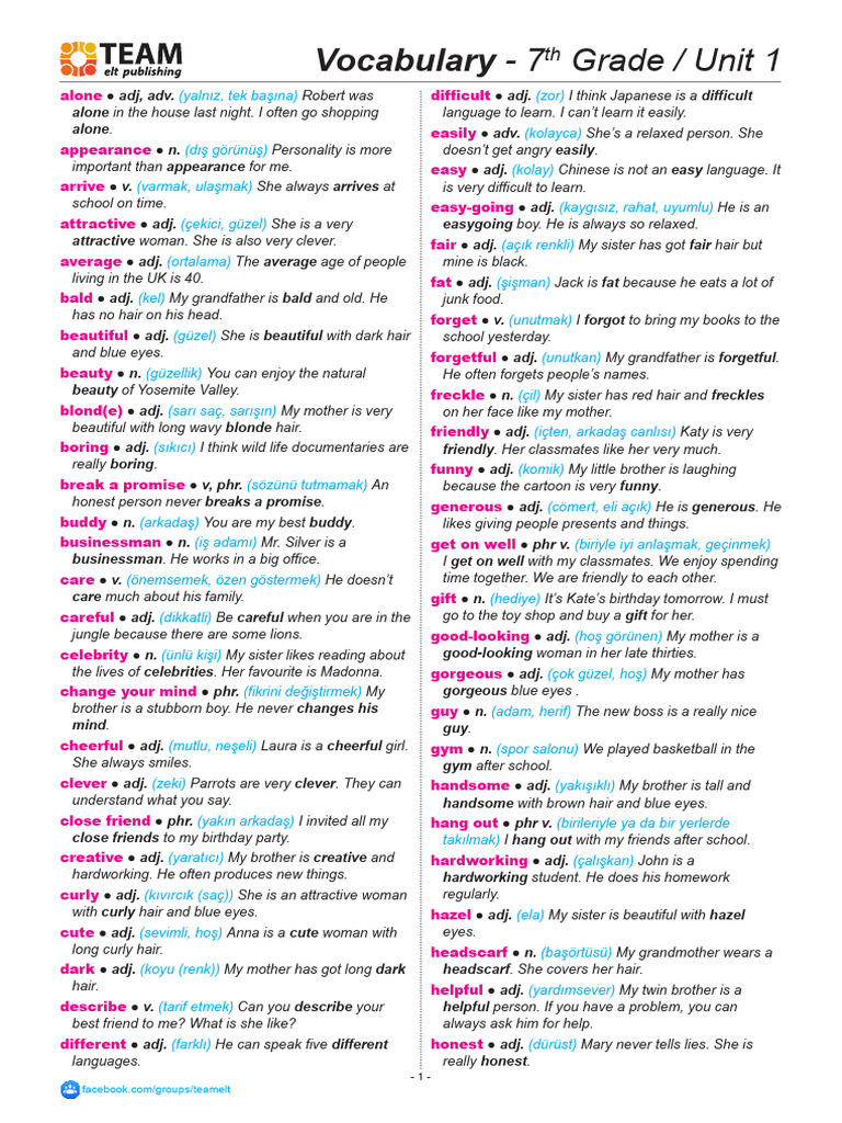 7C Vocabulary List Unit1 | PDF