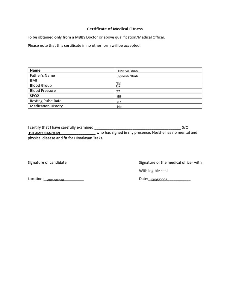 Certificate of Medical Fitness DHRUVIL SHAH | PDF