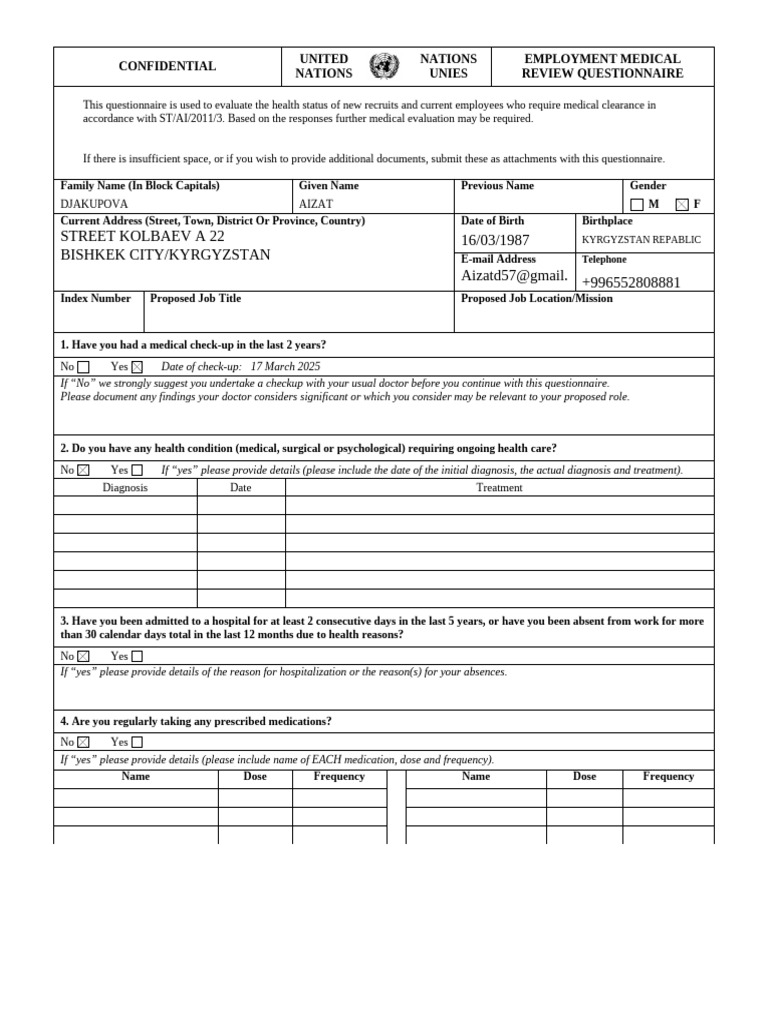 UN Employment Medical Review Form | PDF | Mental Disorder | Health Care