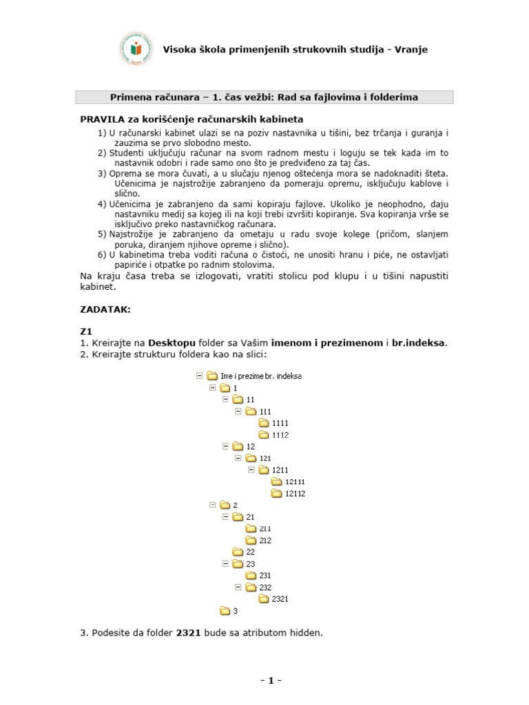 Primena Racunara - Vezba 1 - Rad Sa Fajlovima I Folderima | PDF