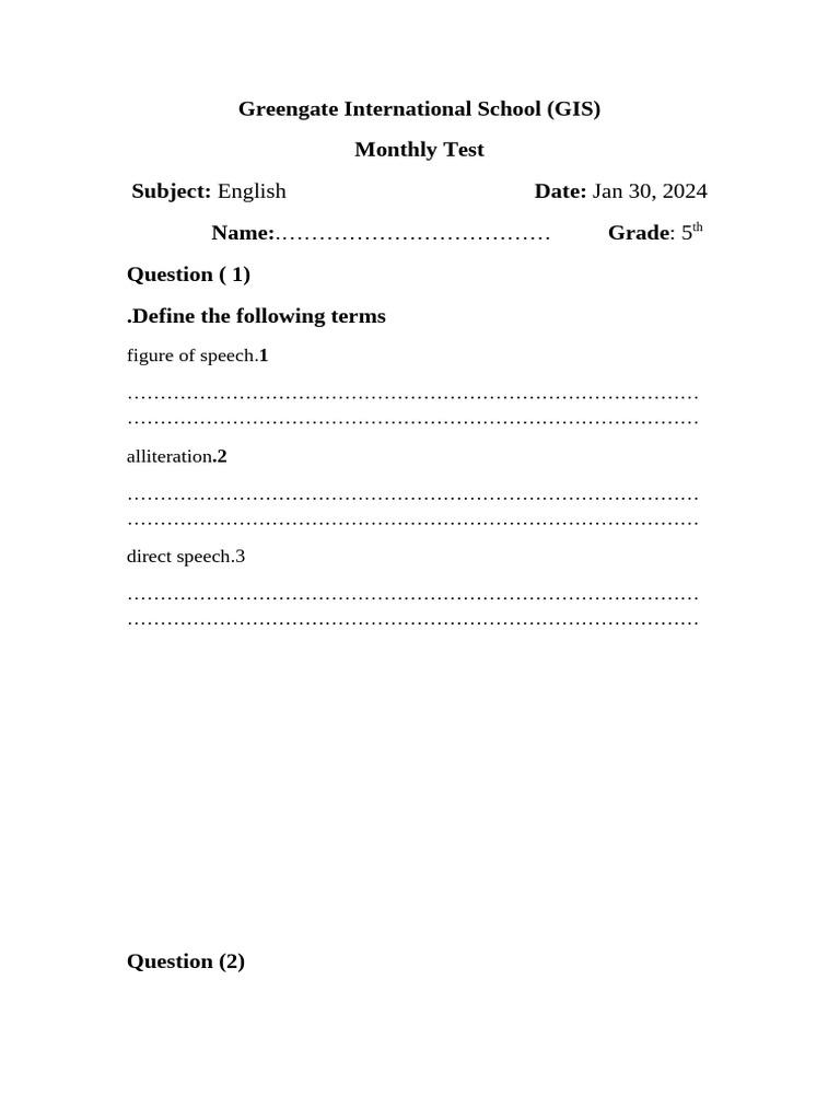 5th Grade English Monthly Test Guide | PDF