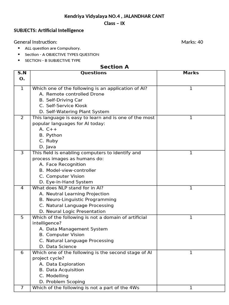 Class 9 Artifical Intelligence Question Paper | PDF | Artificial ...