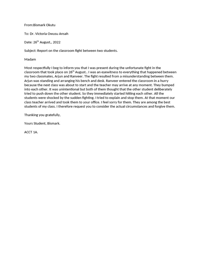 Classroom Fight Report: Eyewitness Account | PDF