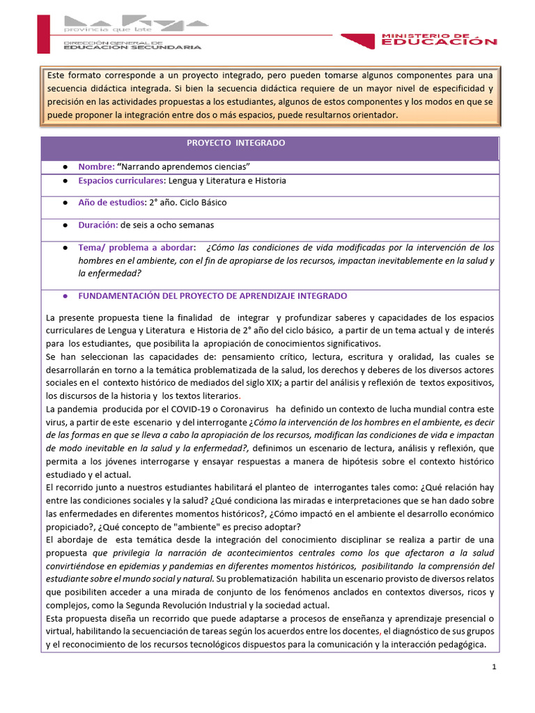 PROY. INTEG. Lengua y Lit. e Historia 2° | PDF | Epidemiología | Comprensión lectora