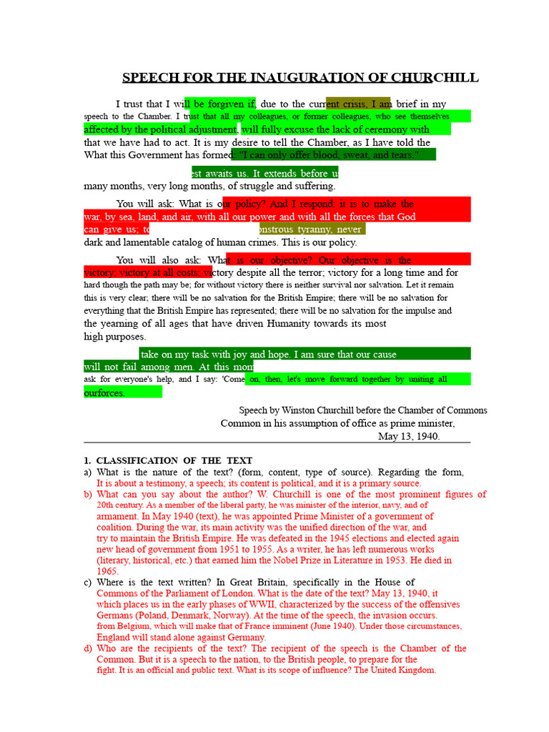 Text About Churchill's Inaugural Speech. Main Ideas and Responses | PDF ...