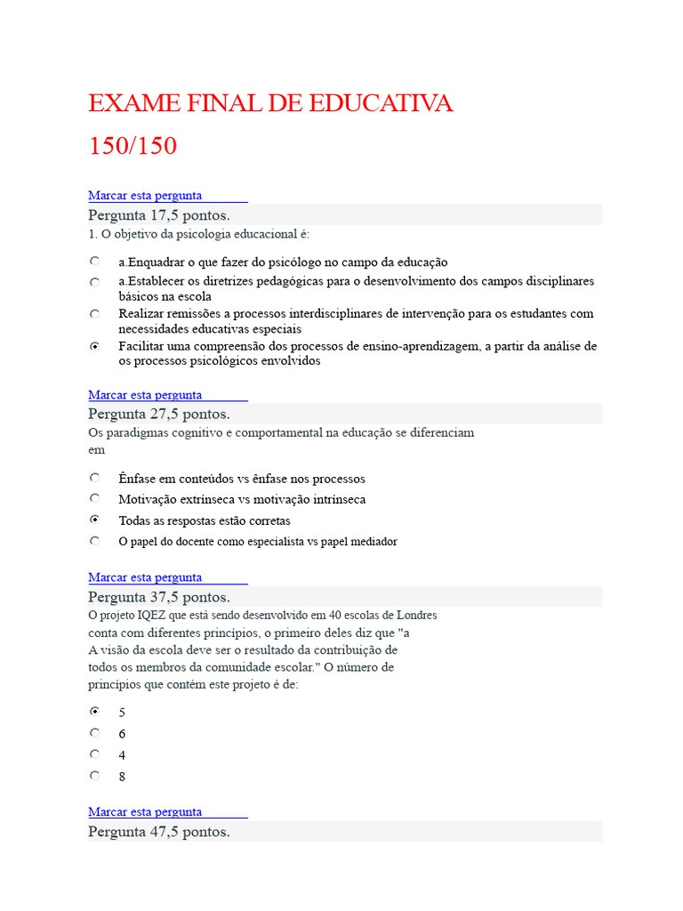 Exame Final de Psicologia Educacional | PDF | Pedagogia | Psicologia