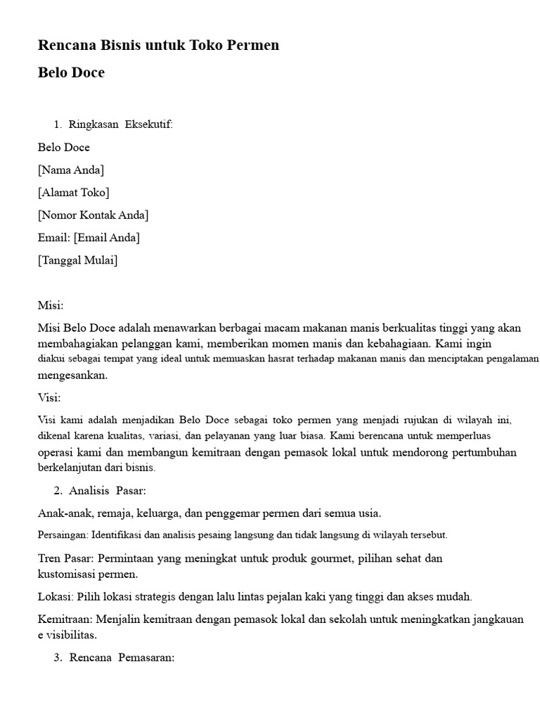 Rencana Bisnis Toko Permen Belo Doce | PDF