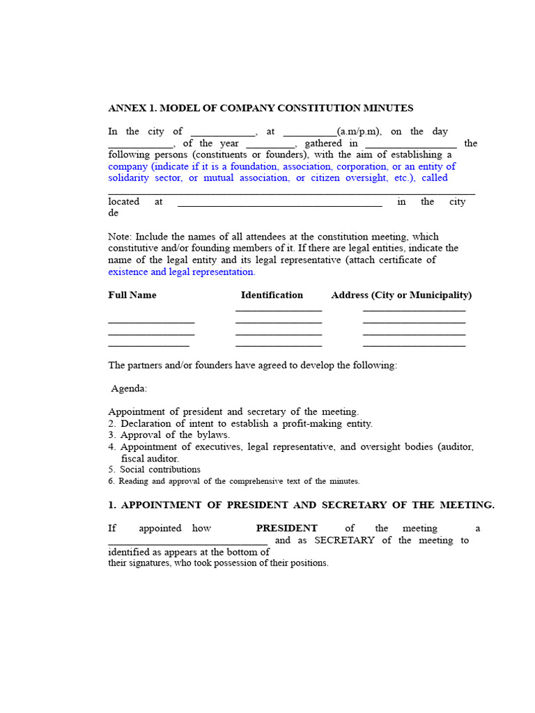 ANNEX 1. COMPANY CONSTITUTION ACT MODEL | PDF | Legal Documents | Justice