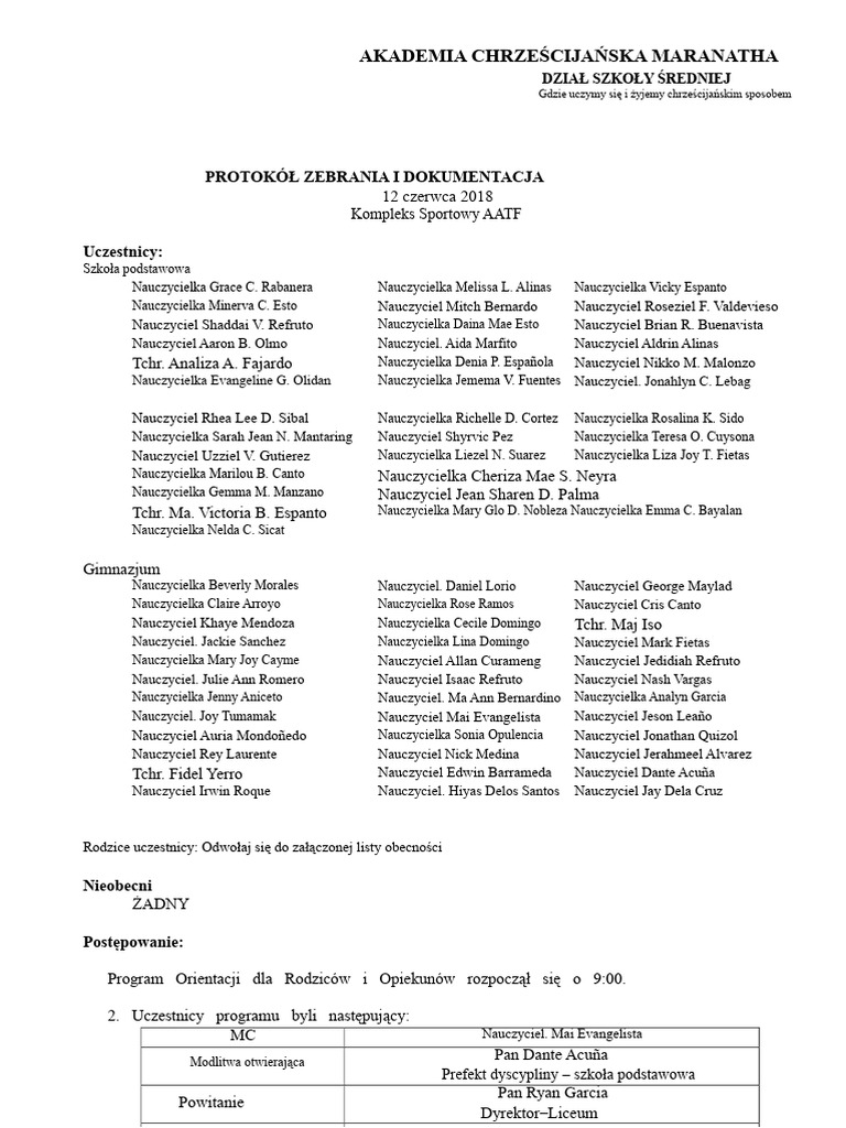 Protokół I Dokumentacja Programu Orientacyjnego 1718 | PDF