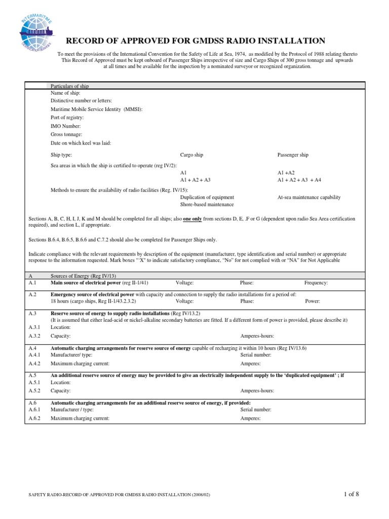 Safety Radio-Record of Approved For Gmdss Radio Installation | PDF ...