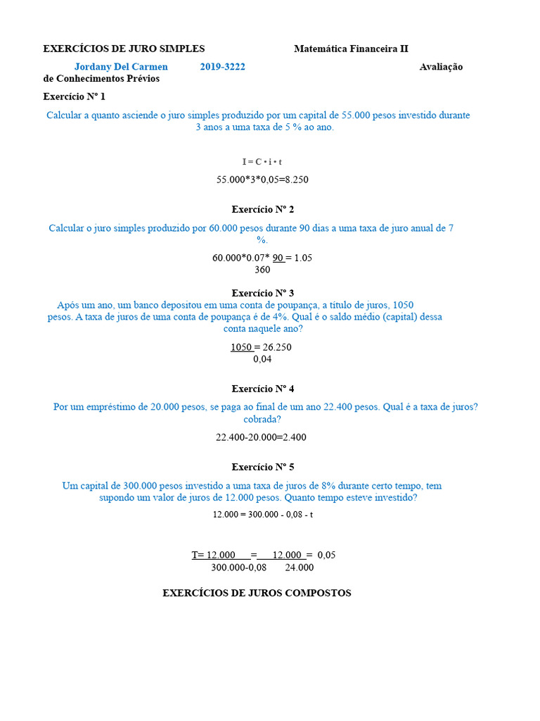 EXERCÍCIOS DE JURO SIMPLES E COMPOSTO (1) | PDF | Juros | Bancos