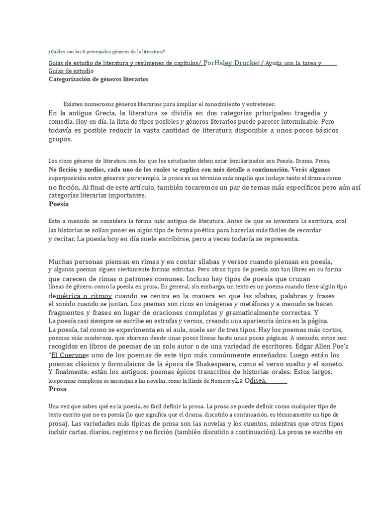 ¿Cuáles Son Los 5 Principales Géneros Literarios? | PDF | Poesía | Prosa