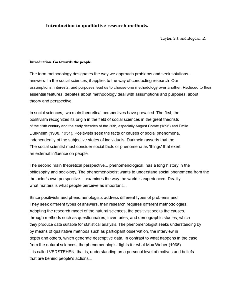 Taylor and Bogdan Introduction To Qualitative Research Methods | PDF | Positivism | Methodology