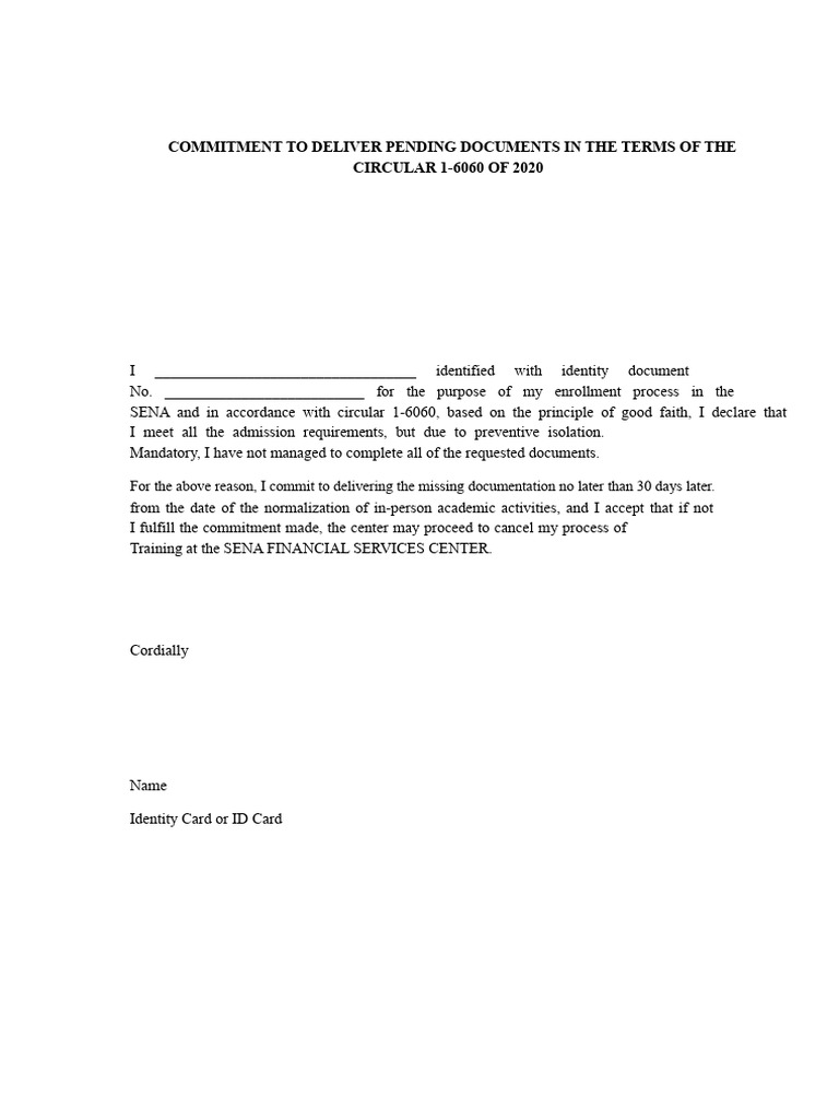 Commitment To Deliver Pending Documents Under The Terms of Circular 1 | PDF
