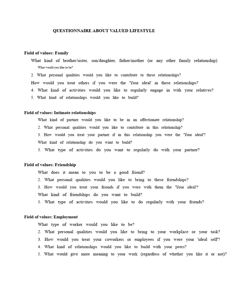 Valued Lifestyle Questionnaire Guide | PDF | Learning | Psychology