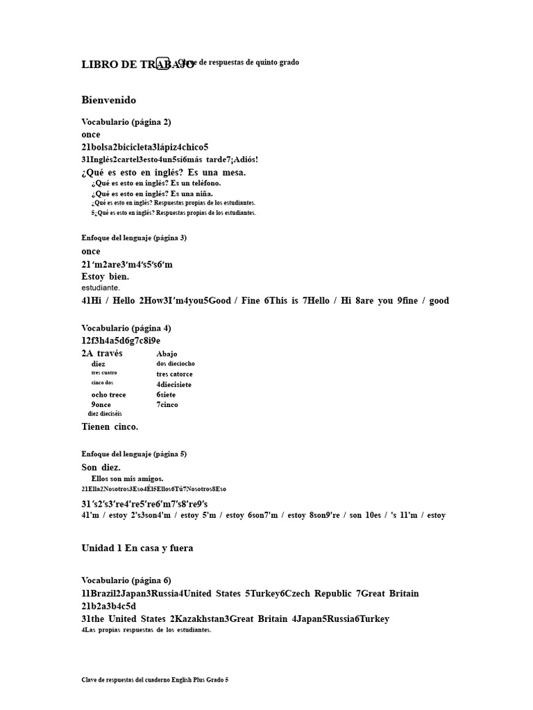 Clave de Respuestas: English Plus 5º Grado | PDF | Lengua española