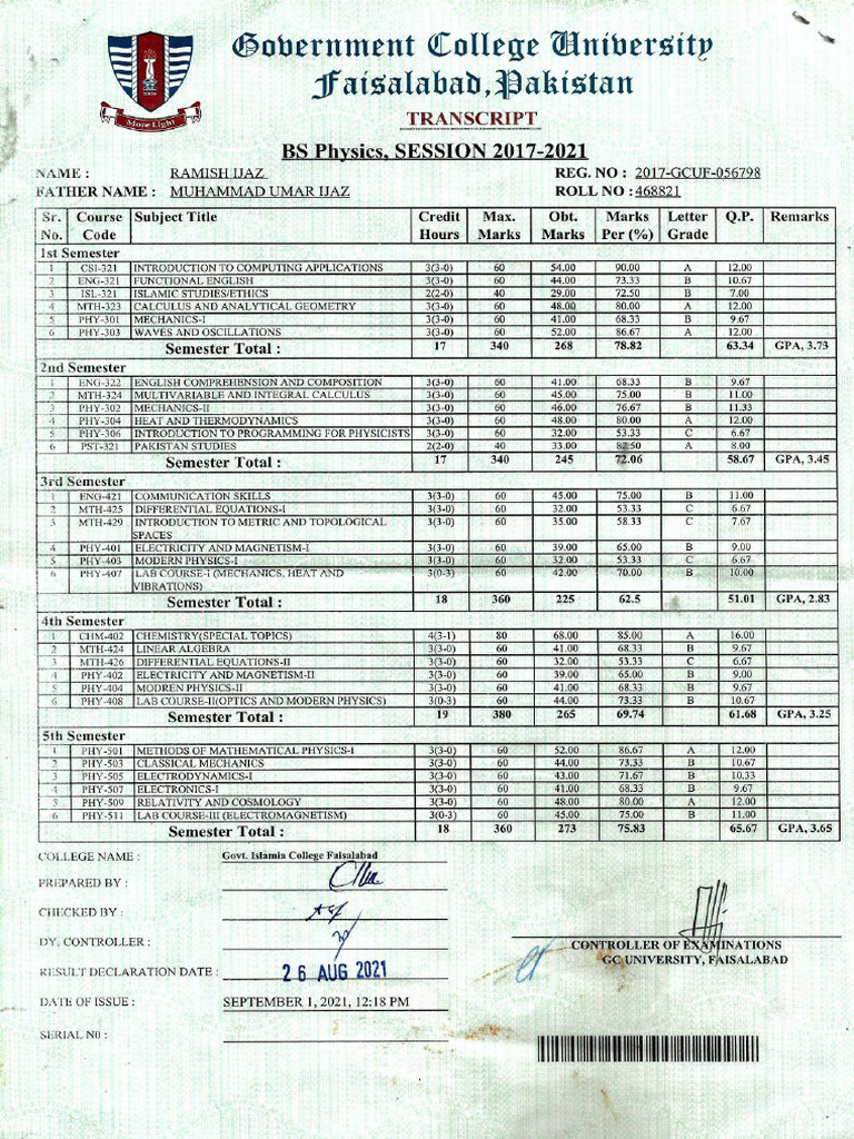 BS Transcript 1 | PDF