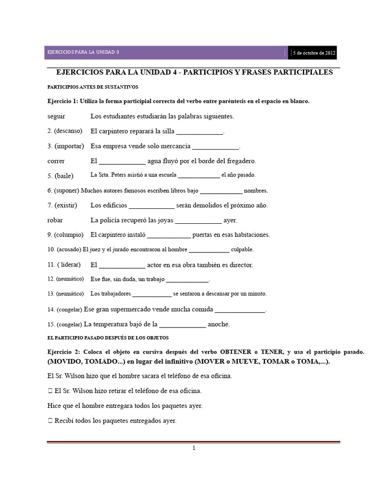 Ejercicios de Participios y Frases Participiales | PDF