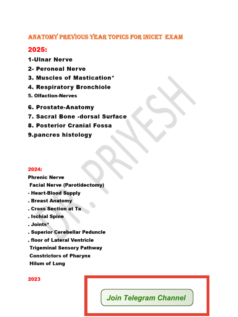 Anatomy INICET Exam Topics 2020-2025 | PDF | Pelvis | Common Carotid Artery