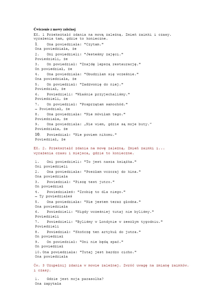 Mowa Zależna I Niezależna Przykłady | PDF