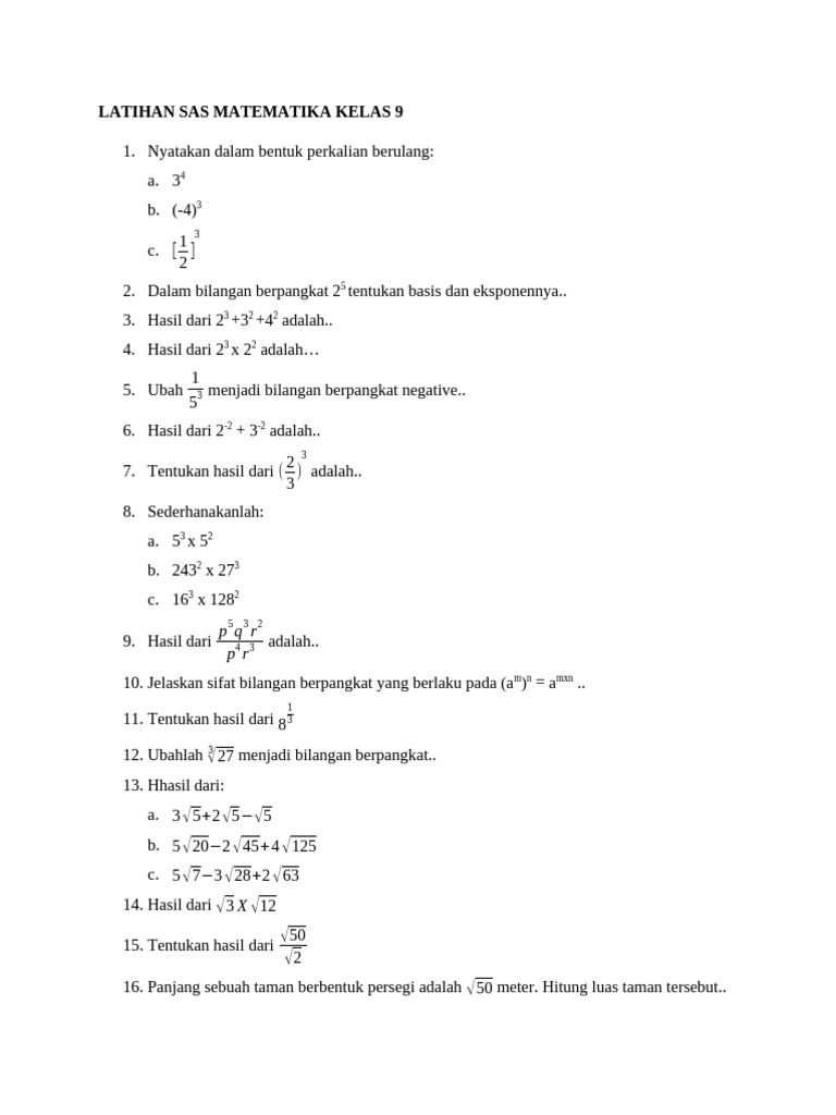 Latihan Sas Matematika Kelas 9 | PDF